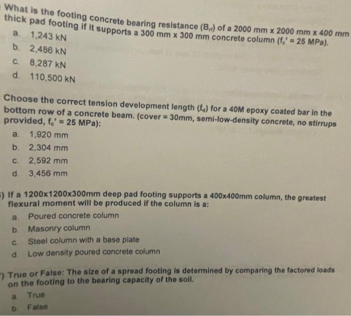 Solved What is the footing concrete bearing resistance \\( | Chegg.com
