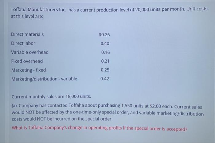 Solved Toffaha Manufacturers Inc. has a current production | Chegg.com