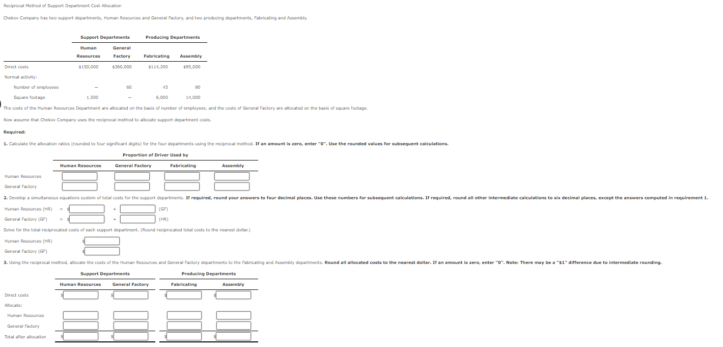 Solved Reciprocal Method of Support Department Cost | Chegg.com