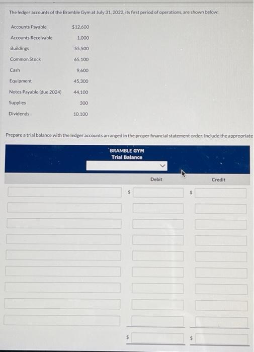 Solved The ledger accounts of the Bramble Gym at July 31, | Chegg.com