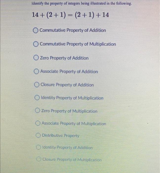 Solved Identify the property of integers being illustrated | Chegg.com