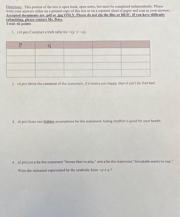 Solved Directions. This portion of the test is open book, | Chegg.com