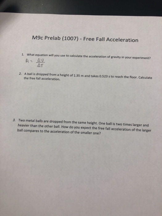 Solved M9c Prelab (1007) - Free Fall Acceleration 1. What | Chegg.com