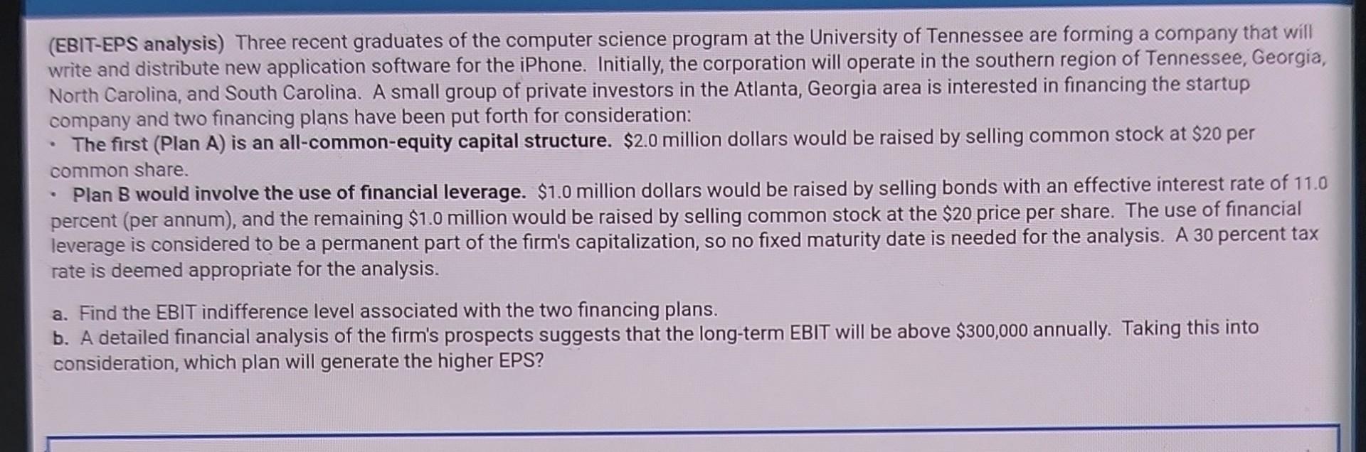 Solved (EBIT-EPS analysis) Three recent graduates of the | Chegg.com