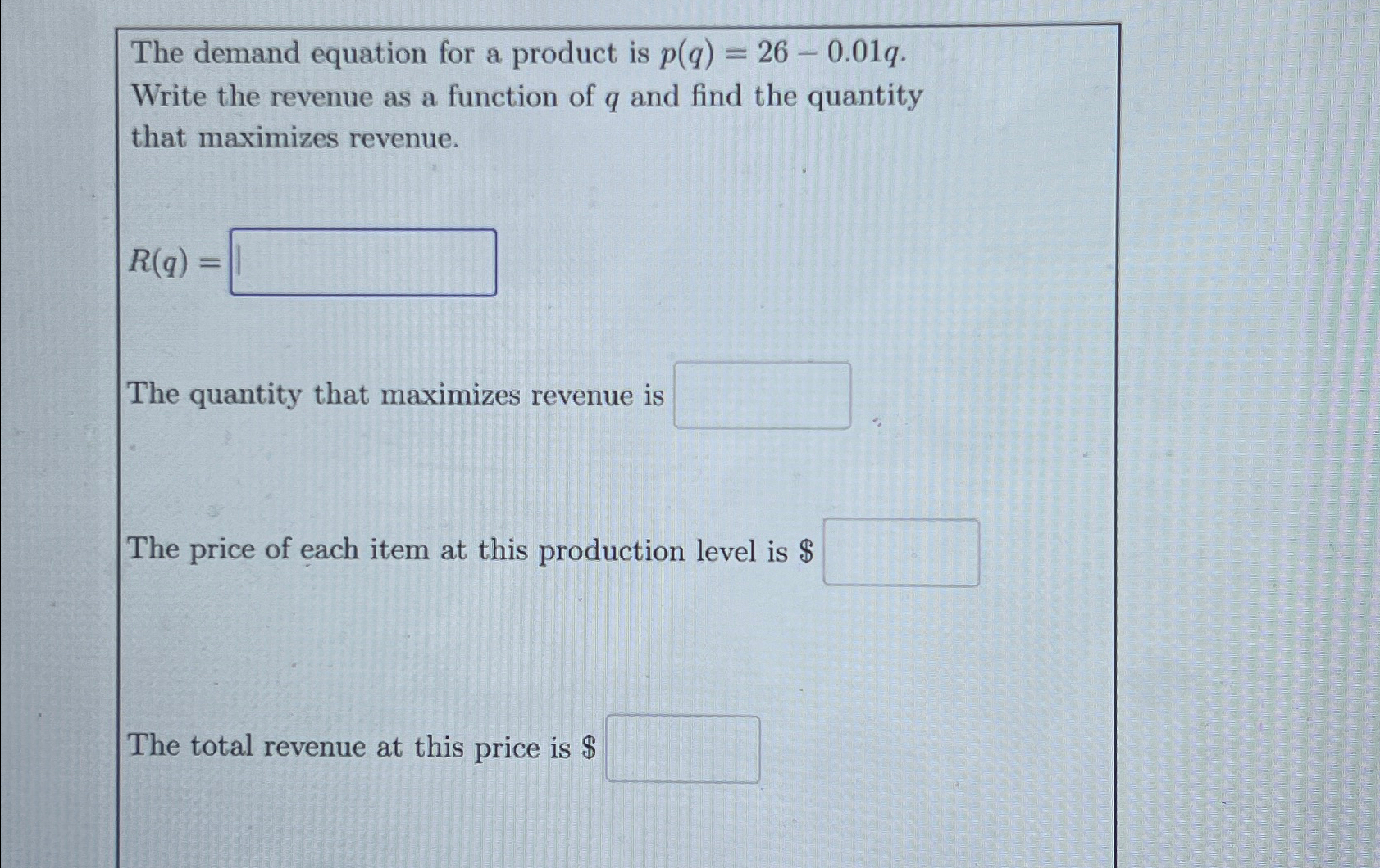 Solved The demand equation for a product is p(q)=26-0.01q. | Chegg.com