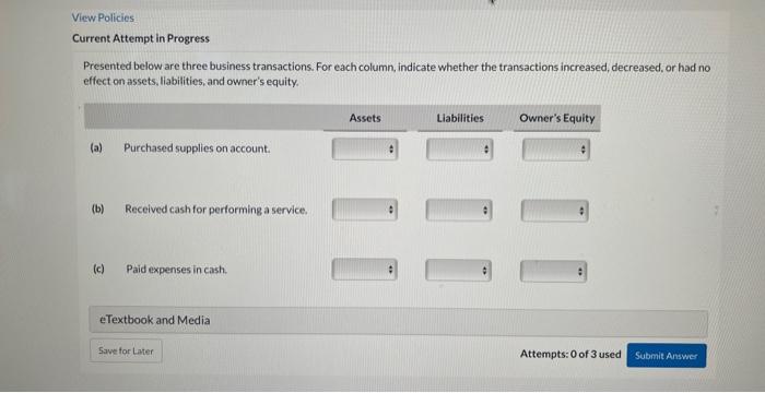 Solved Presented below are three business transactions. For | Chegg.com