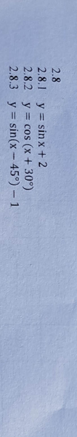 Solved 2.8,2.8.1,y=sinx+22.8.2,y=cos(x+30°)2.8.3,y=sin(x-45° | Chegg.com