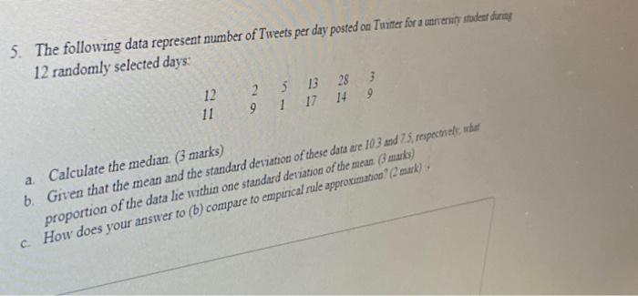 Solved 5. The following data represent number of Tweets per | Chegg.com