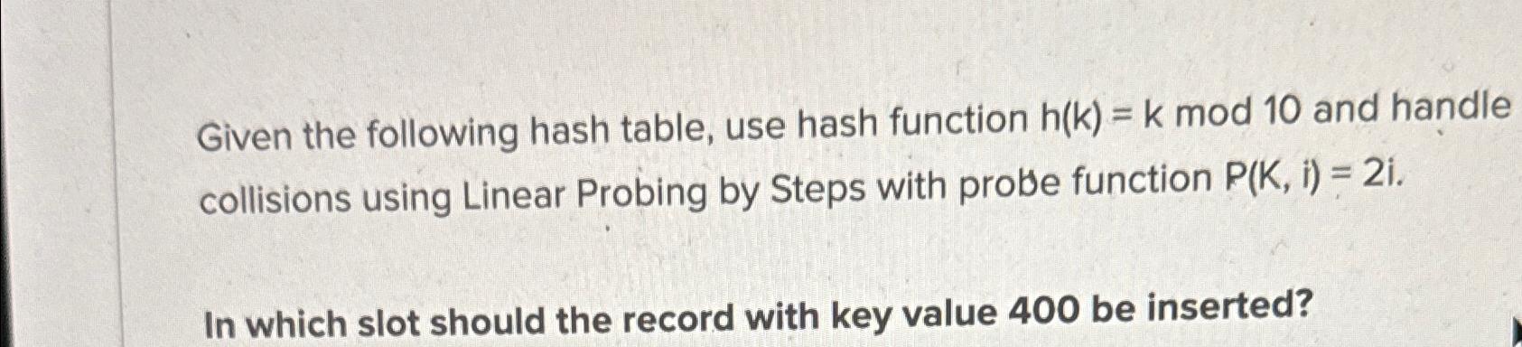Solved Given the following hash table, use hash function | Chegg.com