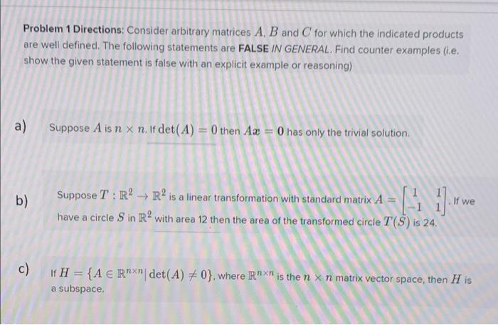 Solved Problem 1 Directions: Consider arbitrary matrices A, | Chegg.com