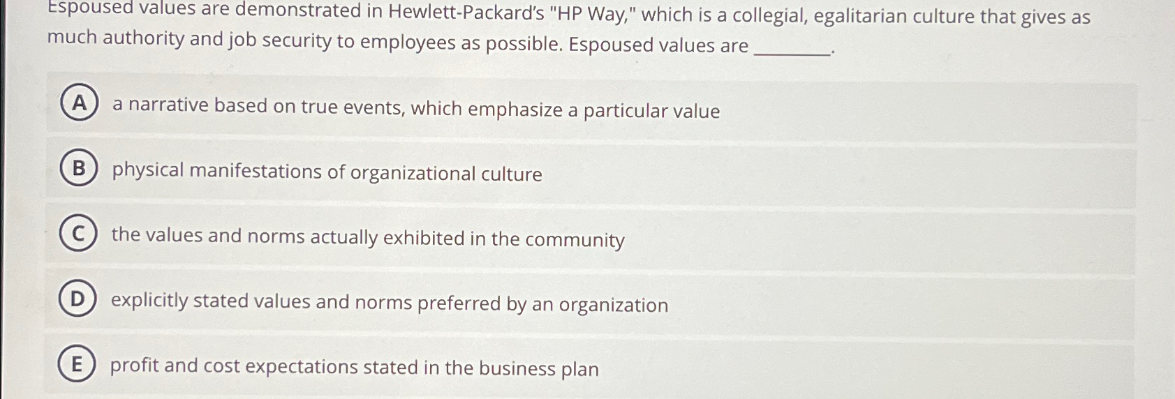 Solved Espoused values are demonstrated in Hewlett-Packard's | Chegg.com