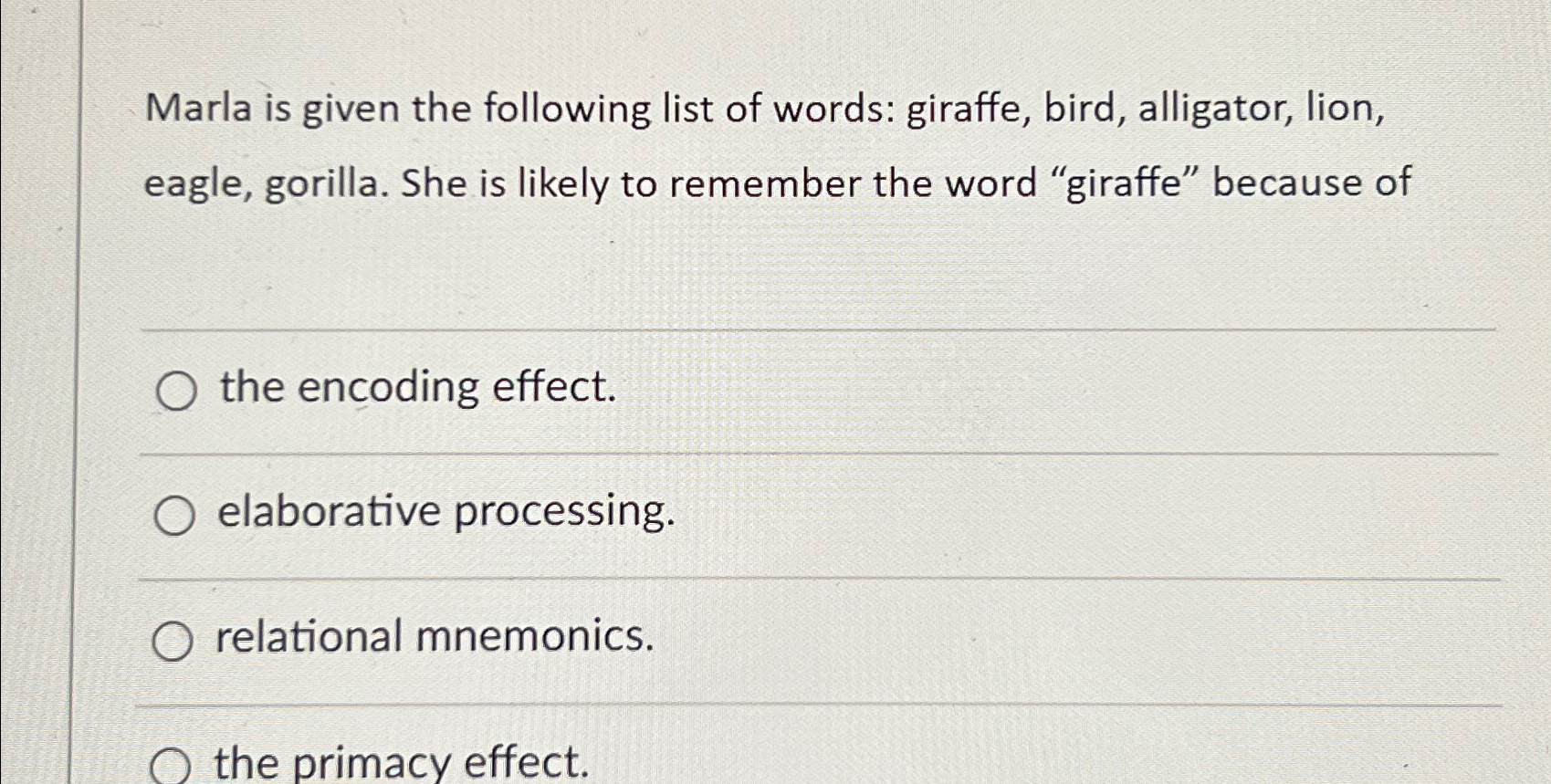Solved Marla is given the following list of words: giraffe, | Chegg.com