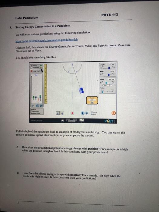 Solved PHYS 112 Lab: Pendulum 3. Testing Energy Conservation | Chegg.com
