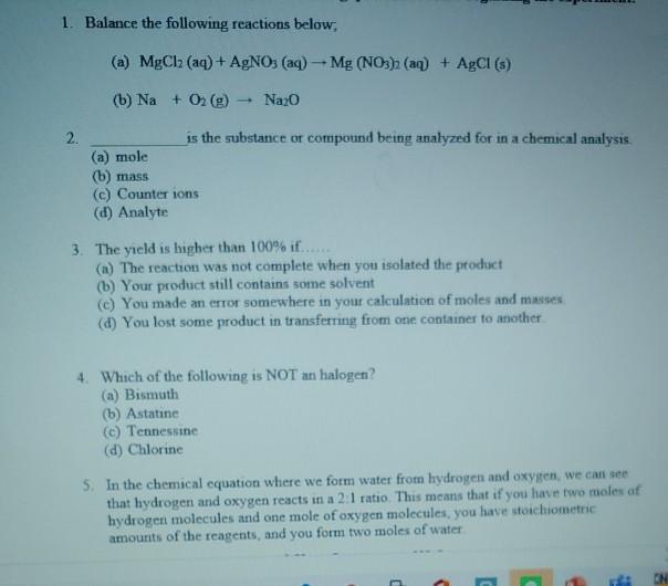 Solved 1. Balance the following reactions below, (a) MgCl2 | Chegg.com