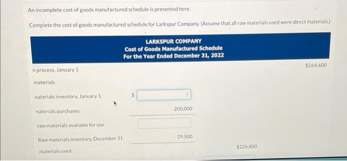 Solved An incomplete cost of goods manufactured schedule is | Chegg.com