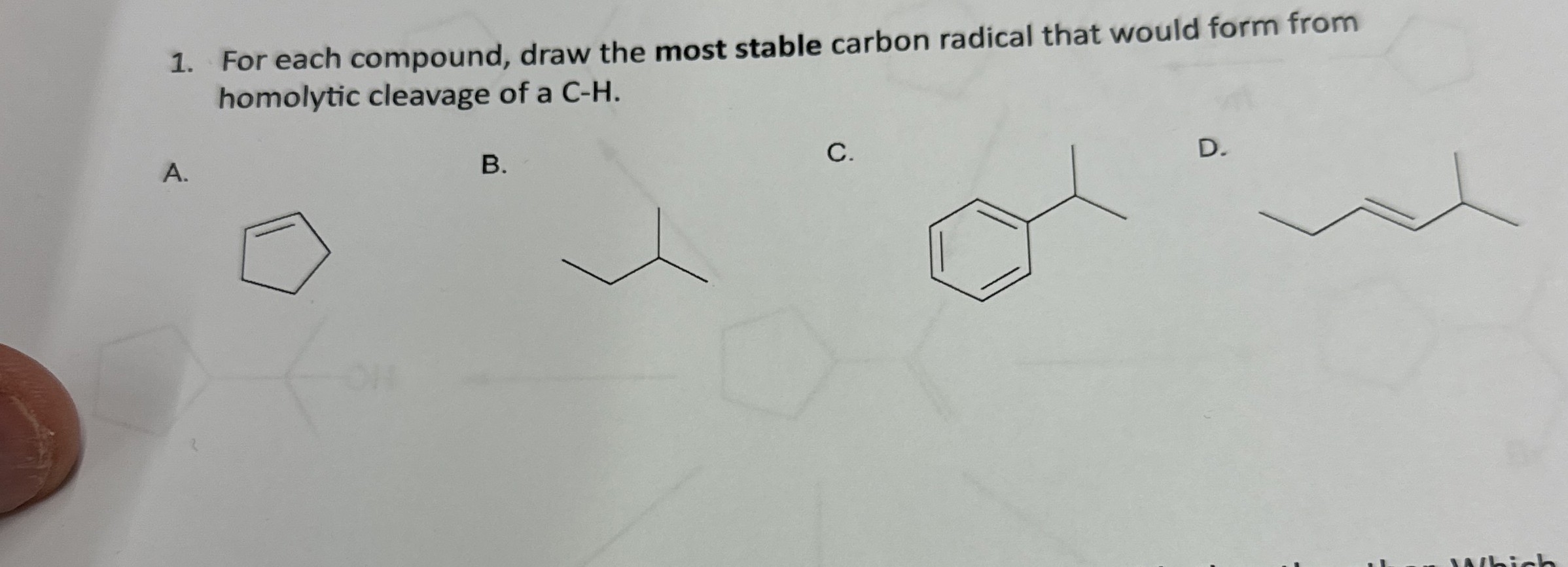 Solved For each compound, draw the most stable carbon | Chegg.com