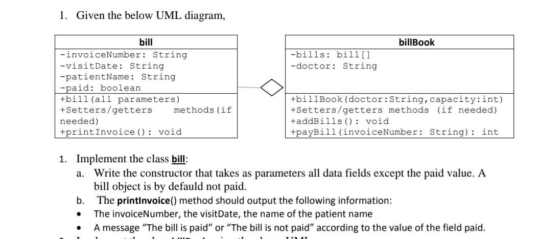 Solved 1. Given the below UML diagram, billBook -bills: | Chegg.com