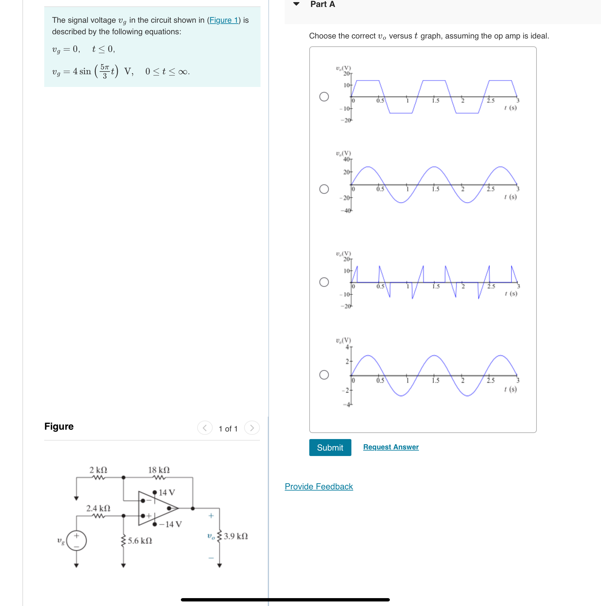 Solved Part AThe signal voltage vg ﻿in the circuit shown in | Chegg.com
