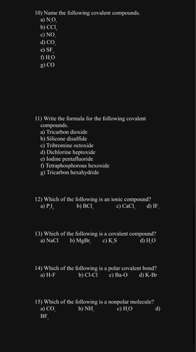 10) Name the following covalent compounds, a) NO4 b) | Chegg.com