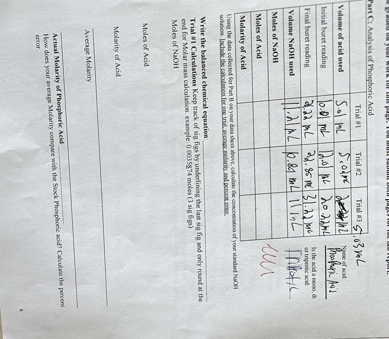 Part C: Analysis of Phosphoric Acid03mLName of | Chegg.com