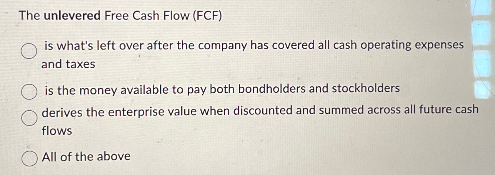 Solved The unlevered Free Cash Flow (FCF)\\nis what's left | Chegg.com