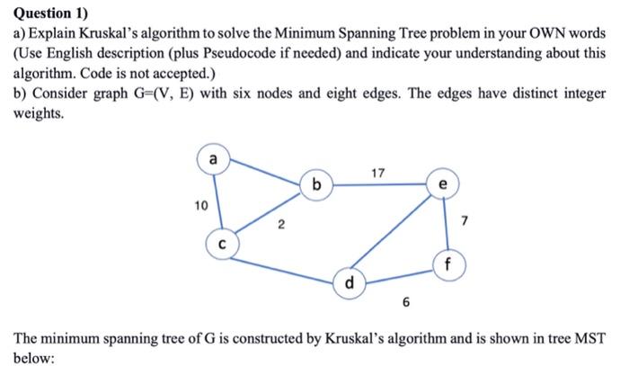 Solved Question 1) a) Explain Kruskal's algorithm to solve | Chegg.com