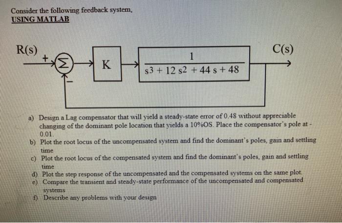 Consider the following feedback system. USING MATLAB | Chegg.com