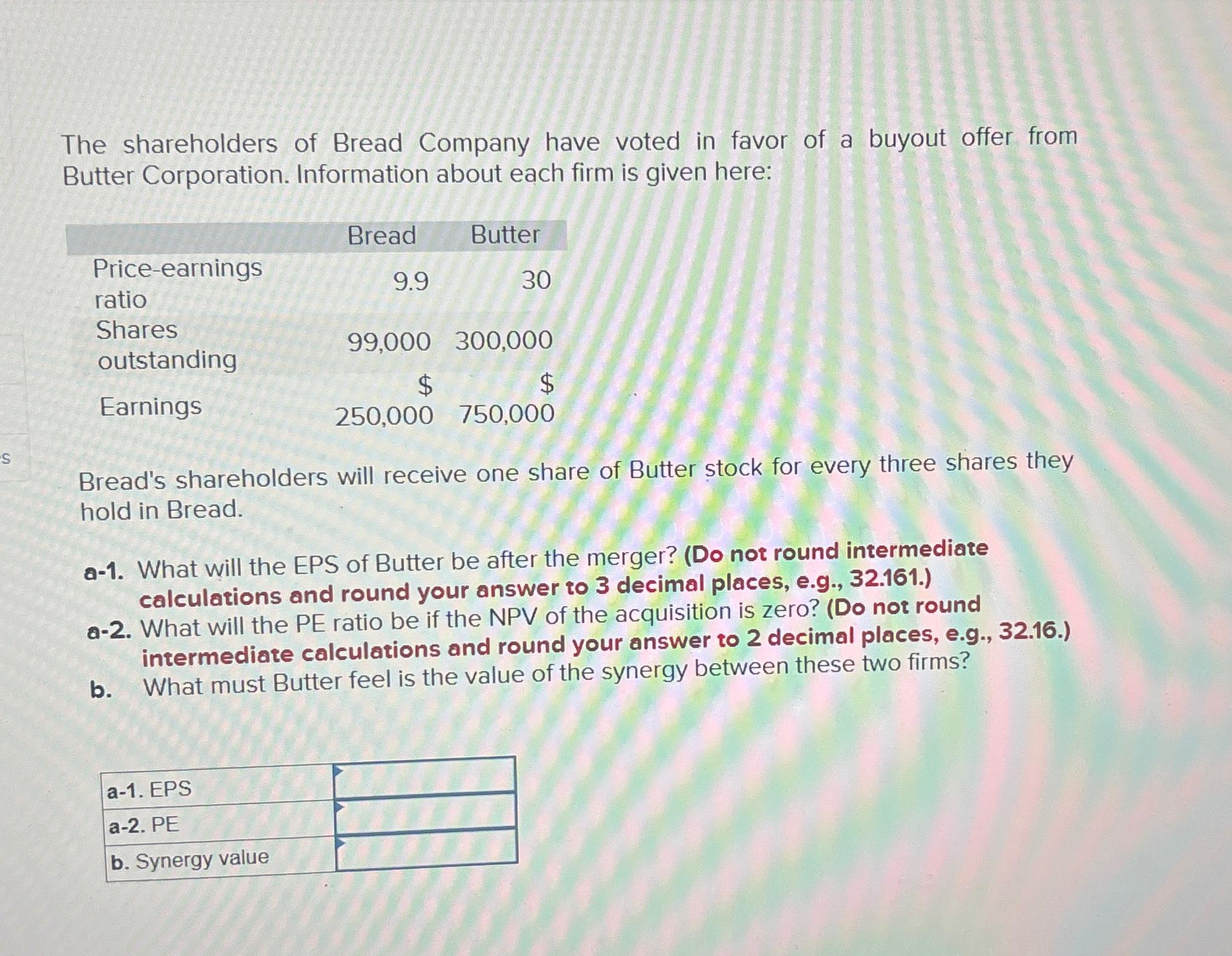 Solved The shareholders of Bread Company have voted in favor | Chegg.com