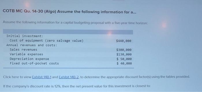 Solved COTB MC Qu. 14-30 (Algo) Assume the following | Chegg.com