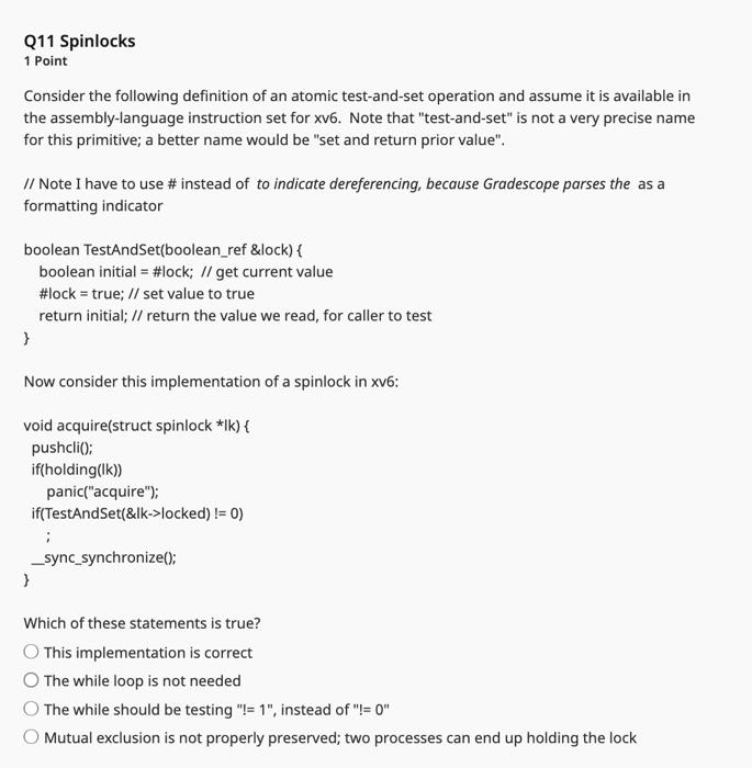 Solved Q11 Spinlocks 1 Point Consider The Following 