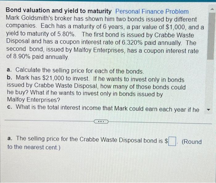 Bond valuation and yield to maturity Personal Finance | Chegg.com