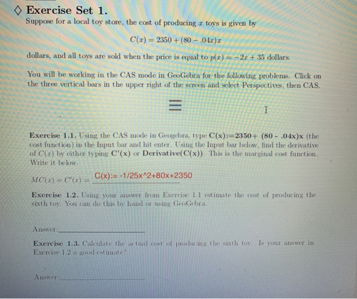 Solved Exercise Set 1. Suppose for a local toy store, the | Chegg.com