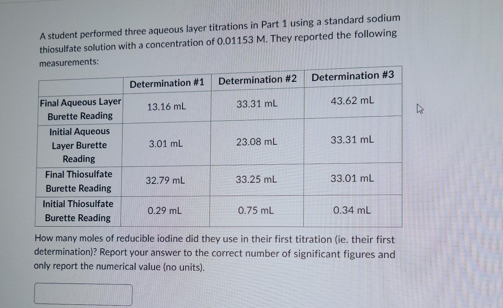 Solved A student performed three aqueous layer titrations in | Chegg.com