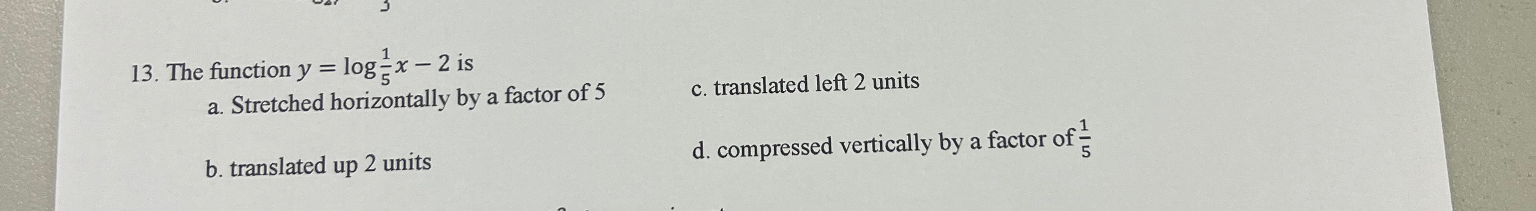 Solved The function y=log(15x)-2 ﻿isa. ﻿Stretched | Chegg.com