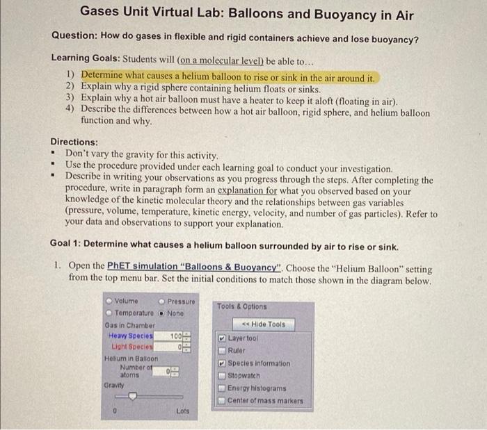 Solved Gases Unit Virtual Lab: Balloons and Buoyancy in Air | Chegg.com