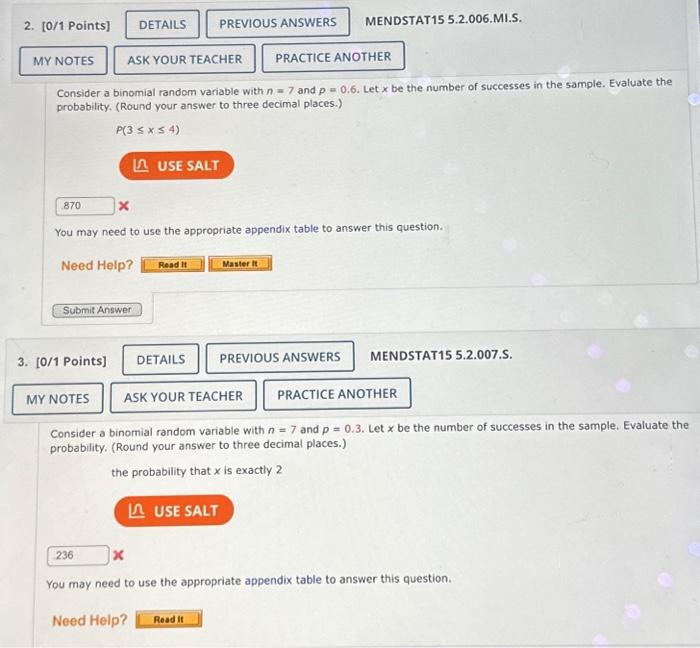 Solved Consider a binomial random variable with n=7 and | Chegg.com