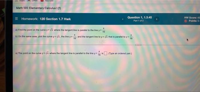 Solved Youtube Math 120 Elementary Calculus I (1) = | Chegg.com
