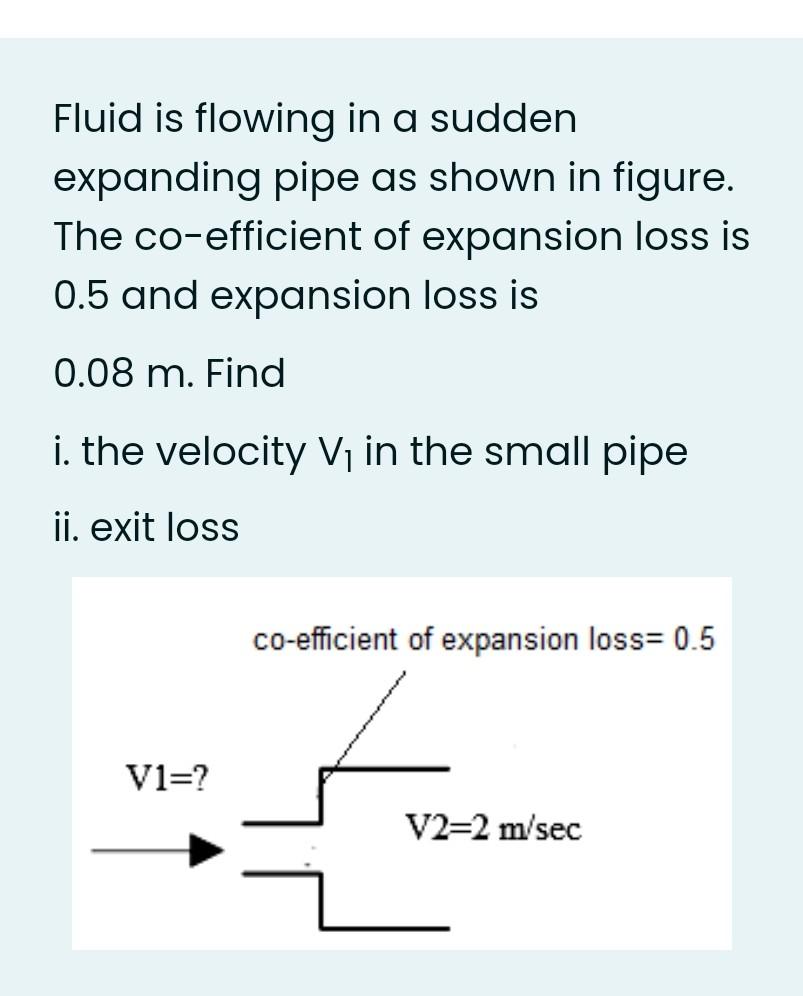 Solved Fluid is flowing in a sudden expanding pipe as shown | Chegg.com