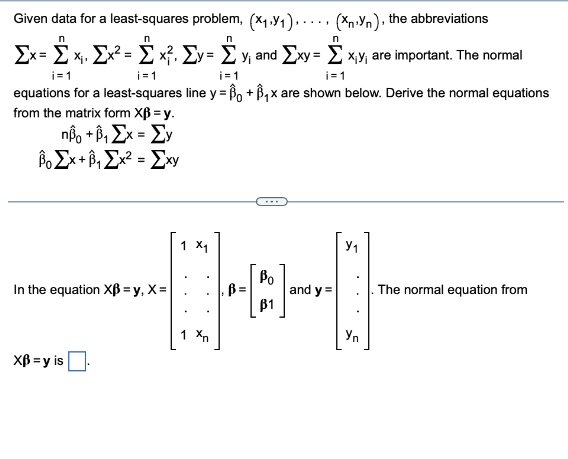 Solved equations for a least-squares line y=hat(β)0+hat(β)1x | Chegg.com
