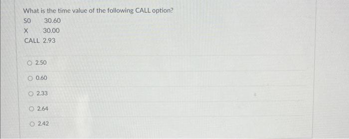 Solved What is the time value of the following CALL option? | Chegg.com