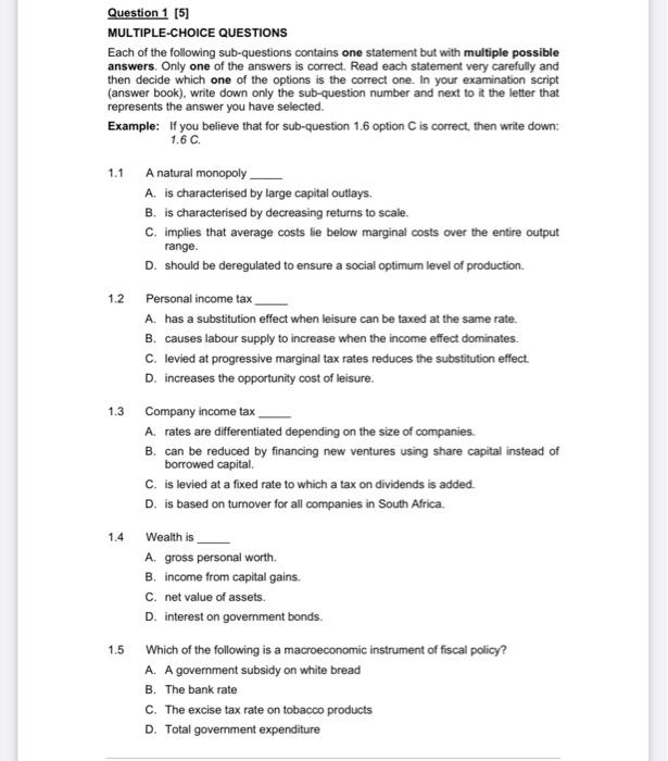 Solved Question 1 [5] MULTIPLE-CHOICE QUESTIONS Each of the | Chegg.com