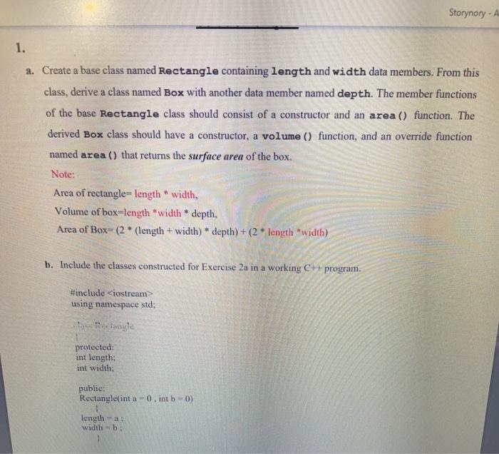 Solved Storynory - A 1. a. Create a base class named | Chegg.com