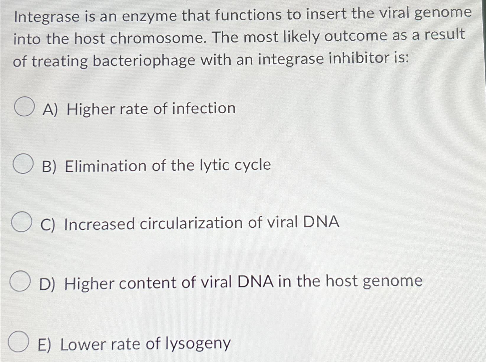 Solved Integrase is an enzyme that functions to insert the | Chegg.com