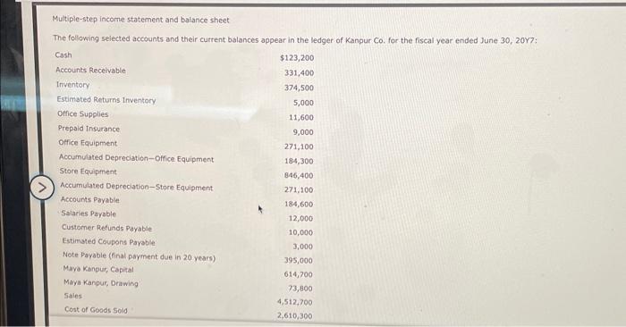 Multiple-step income statement and balance sheet: The | Chegg.com
