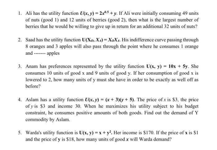 Solved 1. Ali has the utility function U(x, y) = 2x0.5 + y. | Chegg.com