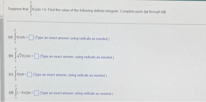 Solved Suppose that ∫12f(x)dx=6. Find the value of the | Chegg.com