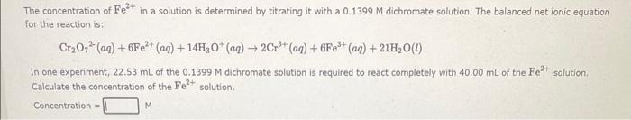 Solved The concentration of Fe2+ in a solution is determined | Chegg.com