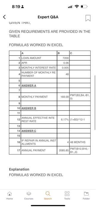 Solved GIVEN REQUIREMENTS ARE PROVIDED IN THE TABLE FORMULAS | Chegg.com