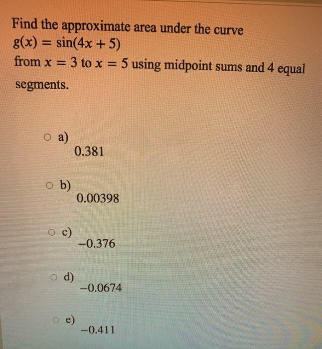 Solved Find the approximate area under the curve g(x) = | Chegg.com
