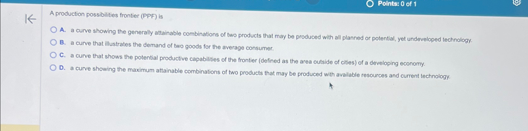 Solved Points: 0 ﻿of 1A production possibilities frontier | Chegg.com